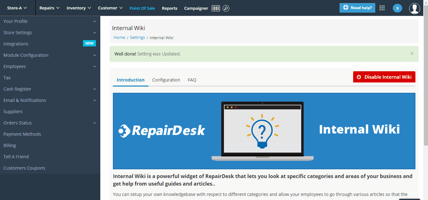 How to Setup Internal Wiki in RepairDesk?